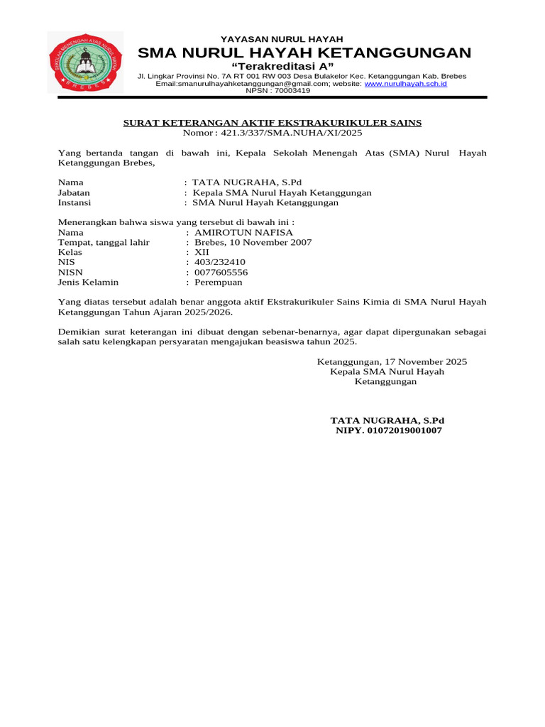 337-Surat Keterangan Aktif SMA Nurul Hayah Mengikuti SAINS Amirotun ...
