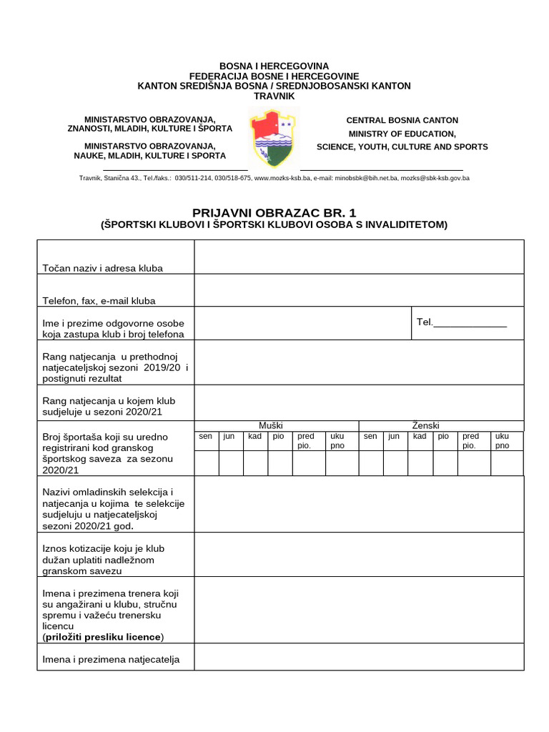 Prijavni Obrazac Br. 1 Sportski Klubovi I Klubovi Osoba S Invaliditetom ...