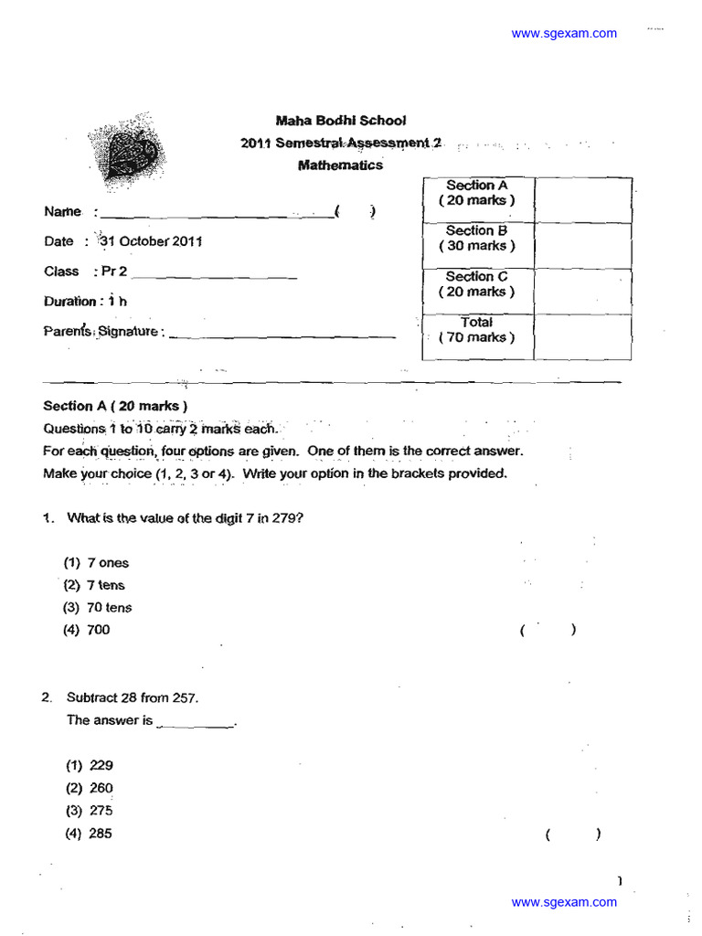 2011-P2-Maths-SA2-Maha Bodhi SG Exam Free Test Papers | PDF