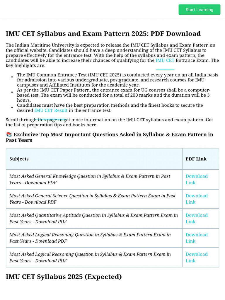 IMU CET Syllabus and Exam Pattern 2025 - PDF Download | PDF