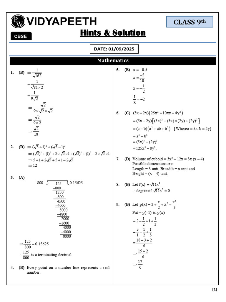 Maths Hints & Solutions Class 9th | PDF | Axiom | Equations