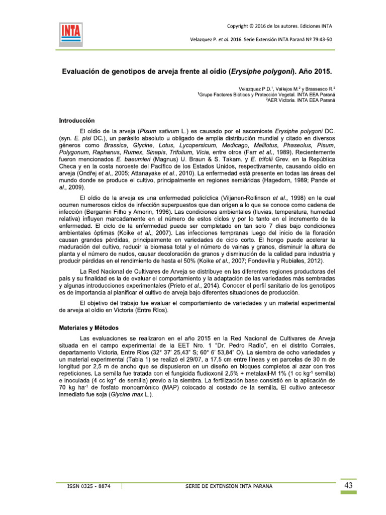 Inta Ser Exten 79 2016 Velazquez P Et Al 43-50 (ARVEJA OÍDIO) | PDF