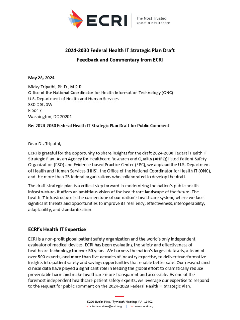 ECRI Comments - Federal Health IT Draft Plan (Submission, May 28) | PDF ...