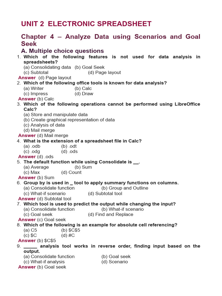UNIT 2 Spreadsheet MCQs and Questions With Answers | PDF | Spreadsheet | Hyperlink