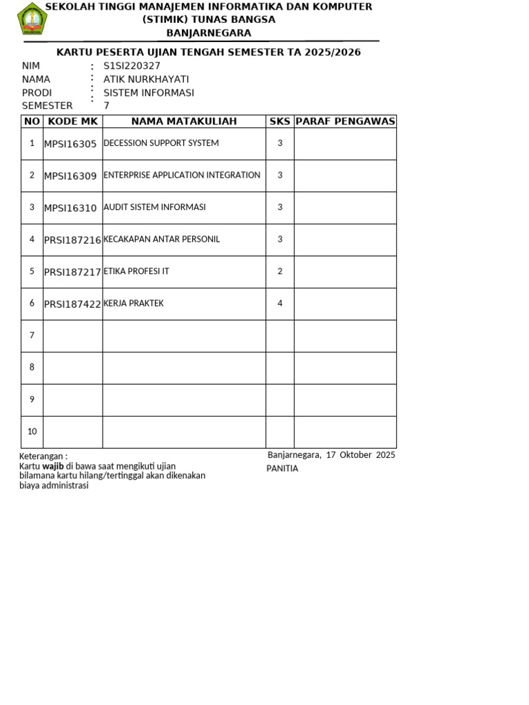 Kartu Ujian Tengah Semester STIMIK 2025 | PDF