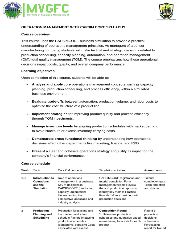 Operations Management Course Syllabus | PDF | Simulation | Operations ...