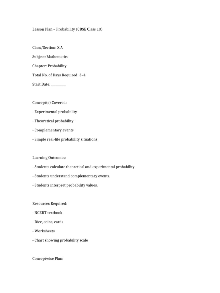 Probability Lesson Plan for Class 10 | PDF