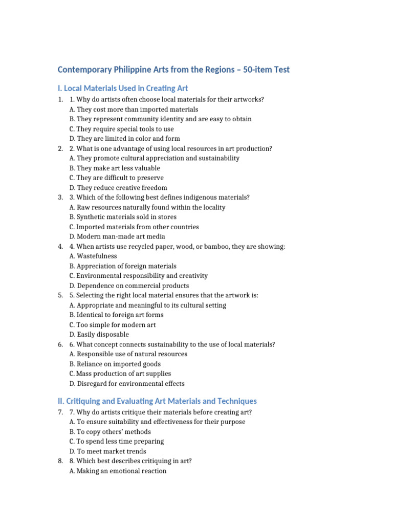 Philippine Arts: 50-Item Test Guide | PDF | Paintings | Abstract Art