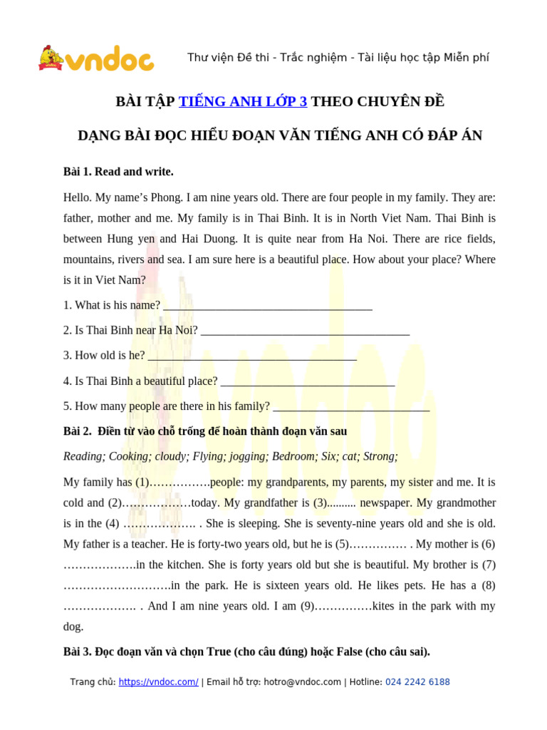 Bai Tap Doan Van Tieng Anh Lop 3 | PDF