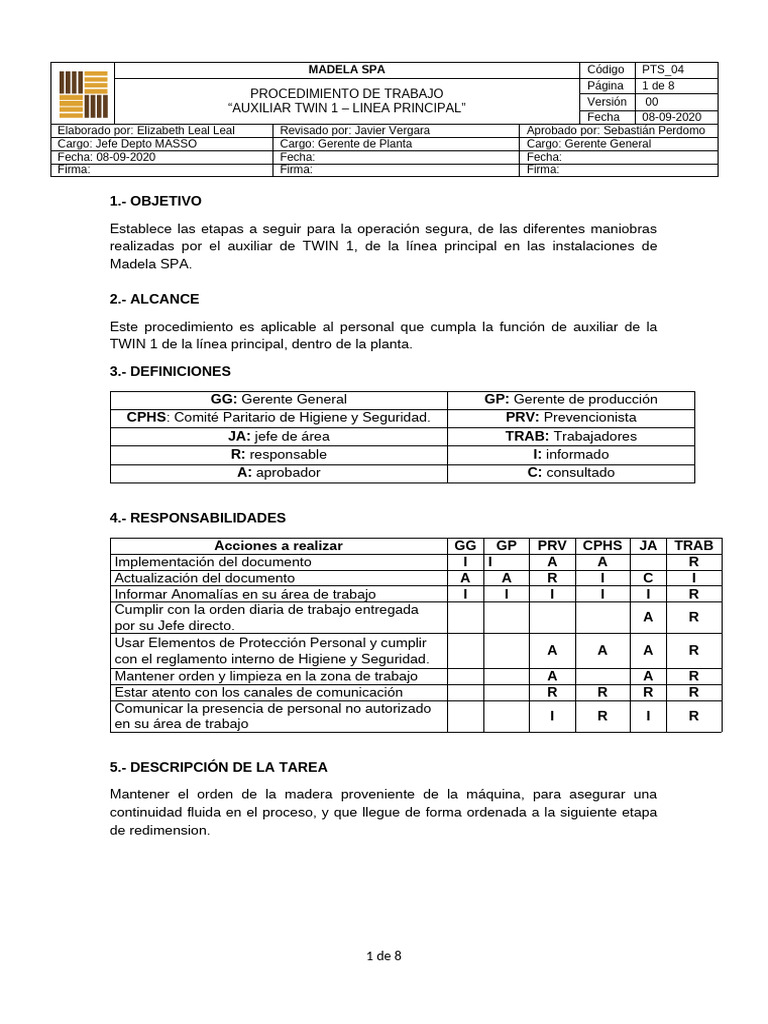Procedimiento Auxiliar TWIN 1 en Madela SPA | PDF
