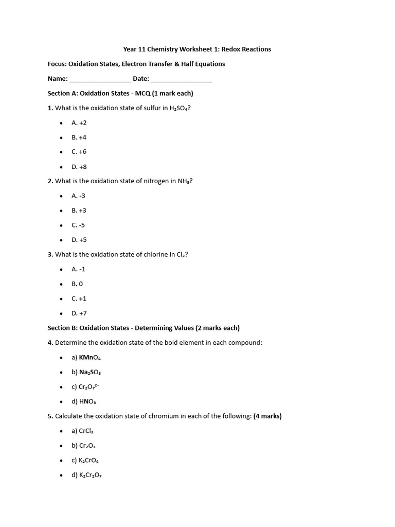 Year 11 Redox Reactions Worksheet | PDF | Redox | Chemical Reactions