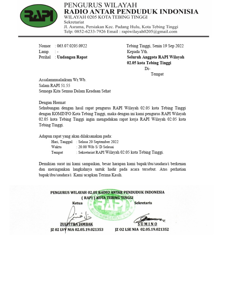 Undangan Rapat RAPI Tebing Tinggi | PDF