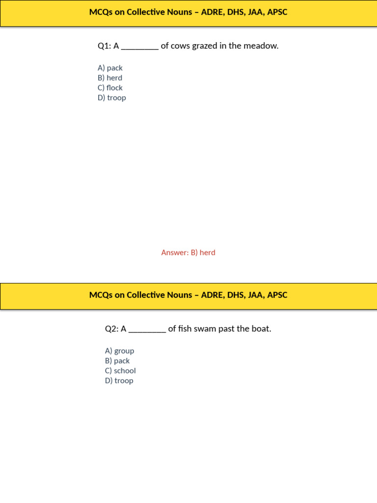 100 MCQs Collective Nouns Yellow Header | PDF | Herd | Biology