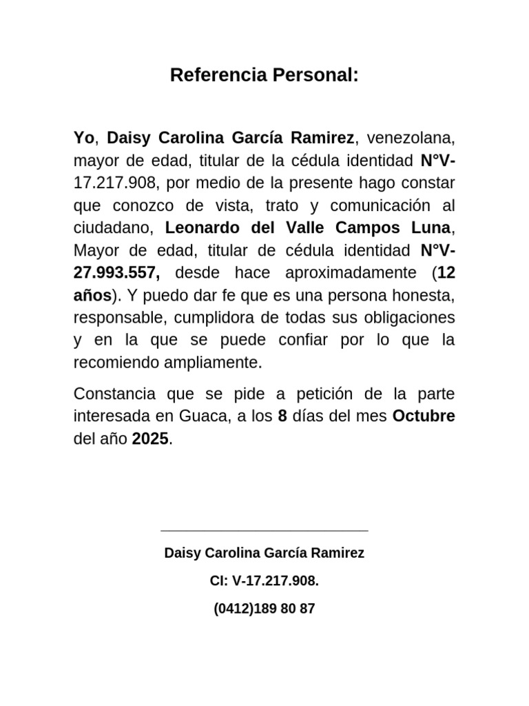 Referencia Personal Daisy Leonardo | PDF