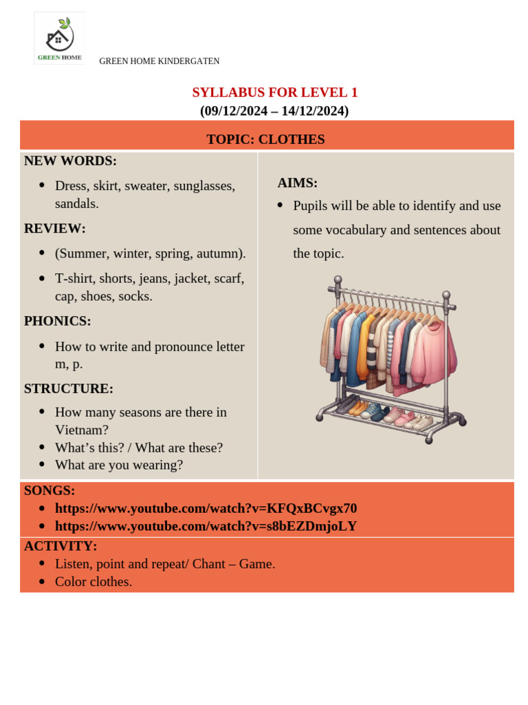 Level 1 Clothes Syllabus for Kids | PDF