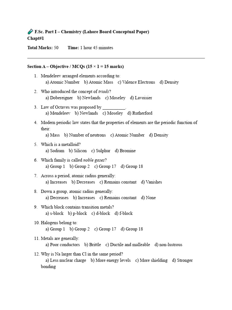 Chemistry Test | PDF | Periodic Table | Ionic Bonding