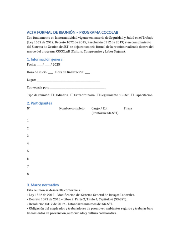 Acta Reunion COCOLAB Formato Legal | PDF
