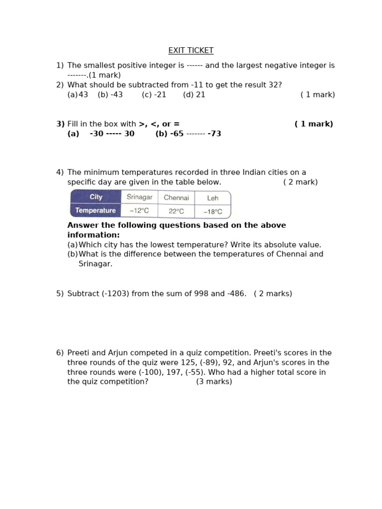 Exit Ticket Integers | PDF