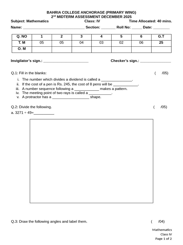 Grade 4 Second Midterm Paper 2025 | PDF | Mathematics | Elementary Geometry