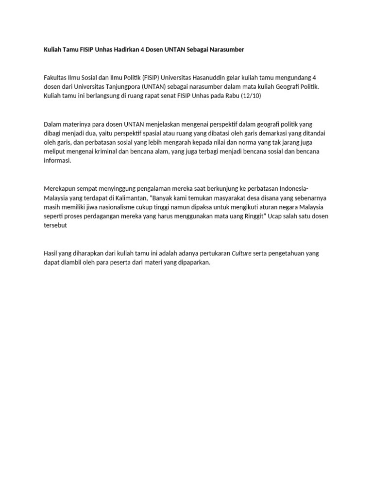 Kuliah Tamu FISIP Unhas Hadirkan 4 Dosen UNTAN Sebagai Narasumber | PDF