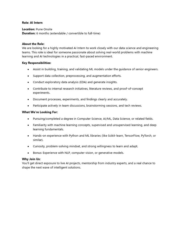 AI Intern and Engineer Positions in Pune | PDF | Machine Learning ...