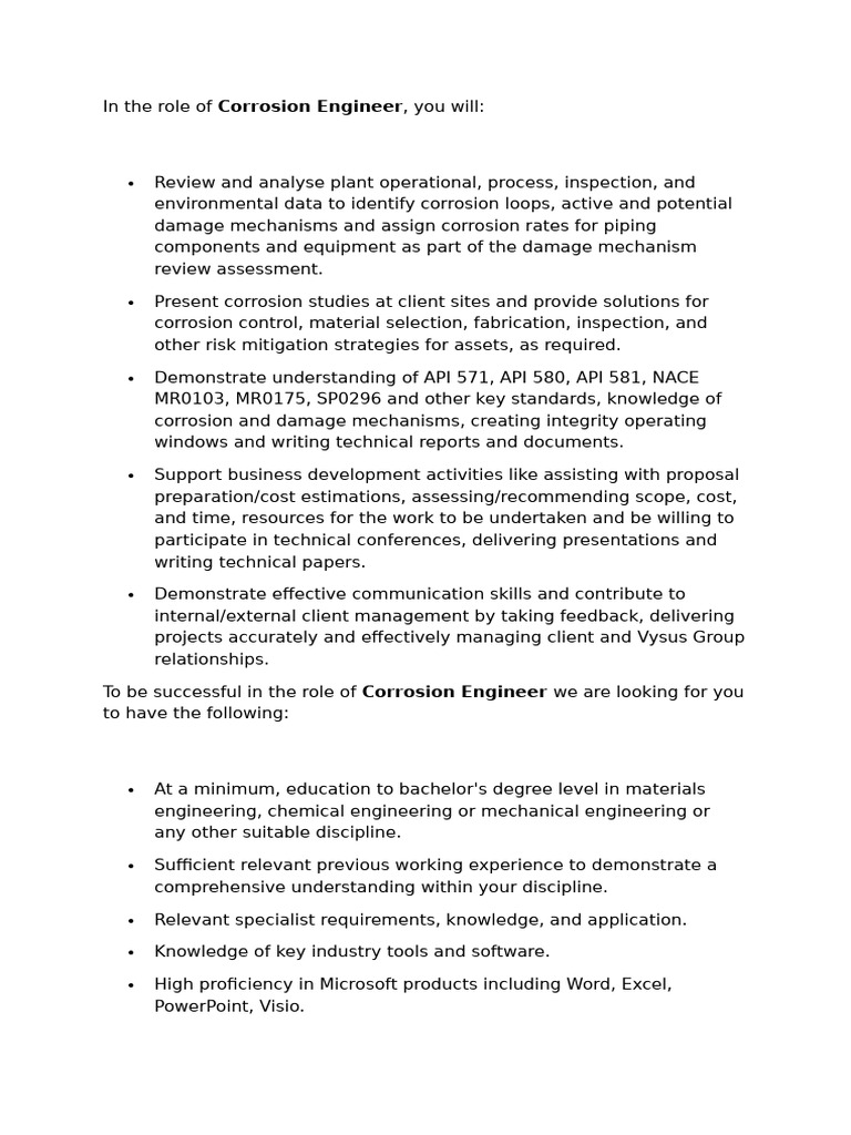 Corrosion Engineer Job Description and Requirements | PDF | Engineering ...