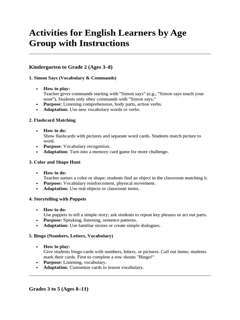 Activities For English Learners by Age Group With Instructions | PDF ...