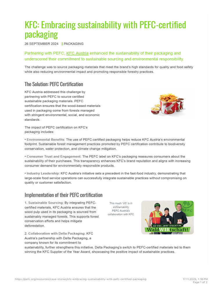 KFC- Embracing Sustainability With PEFC-certified Packaging - PEFC - Programme f | PDF ...
