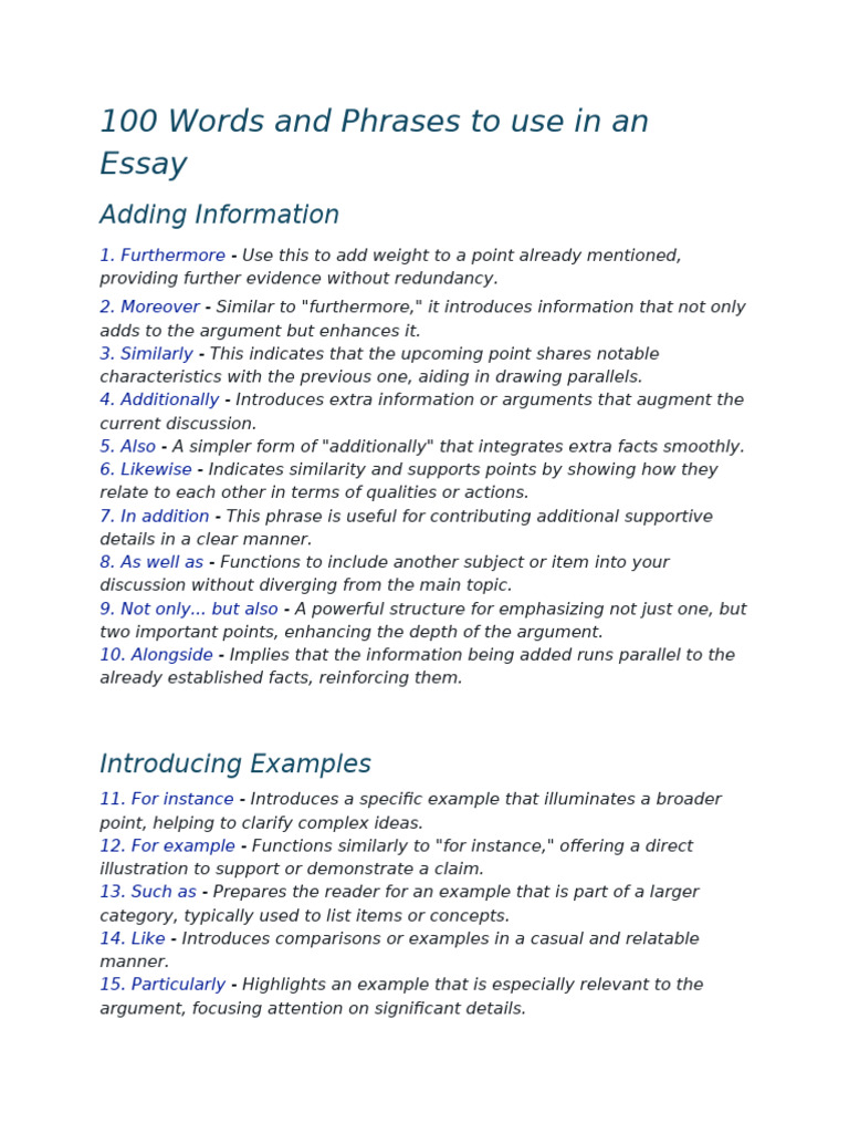 100 Words and Phrases To Use in An Essay | PDF | Argument | Logical ...