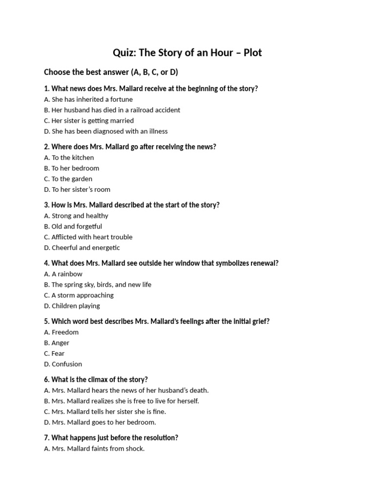 Quiz About The Story of An Hour | PDF