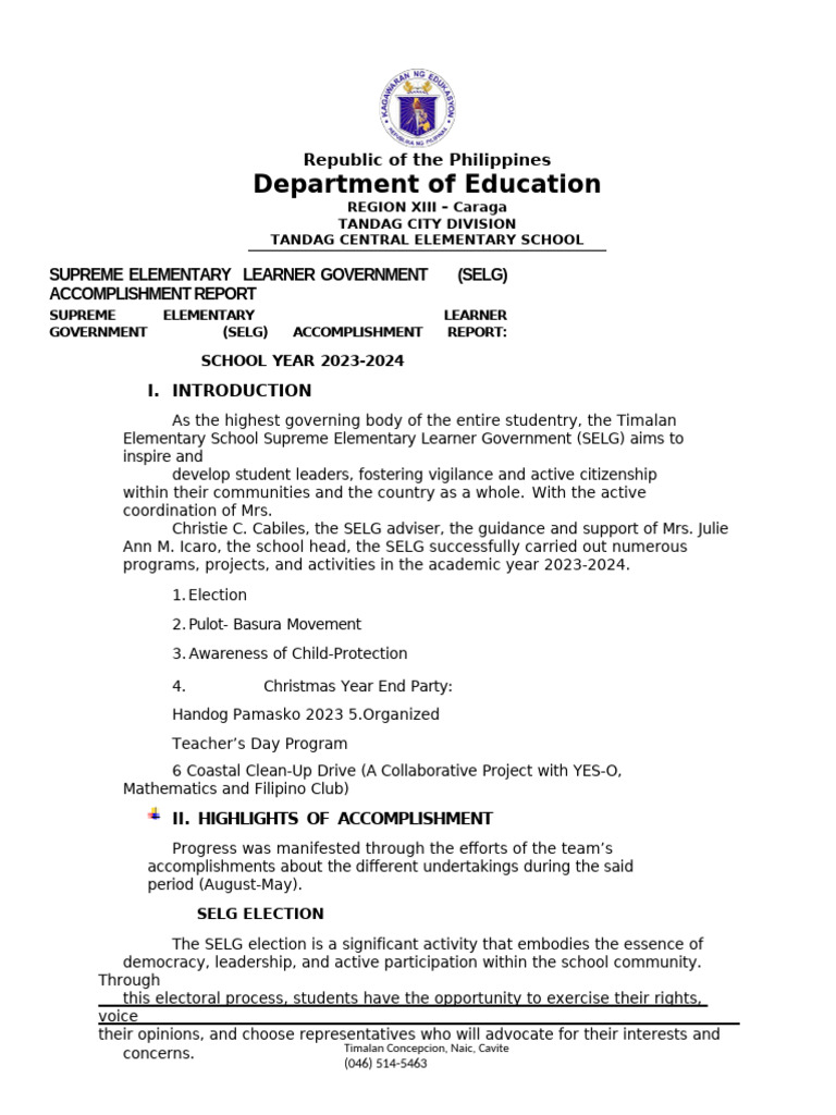 SELG Accomplishment Report 2023-2024 | PDF | Leadership | Civic Engagement