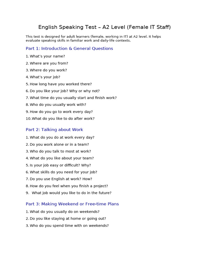A2 English Speaking Test for Female IT Staff | PDF