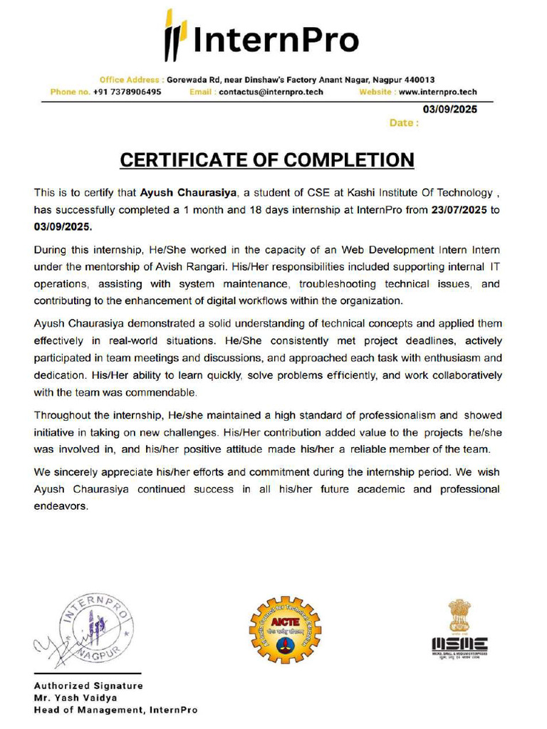 Internship Certificate | PDF
