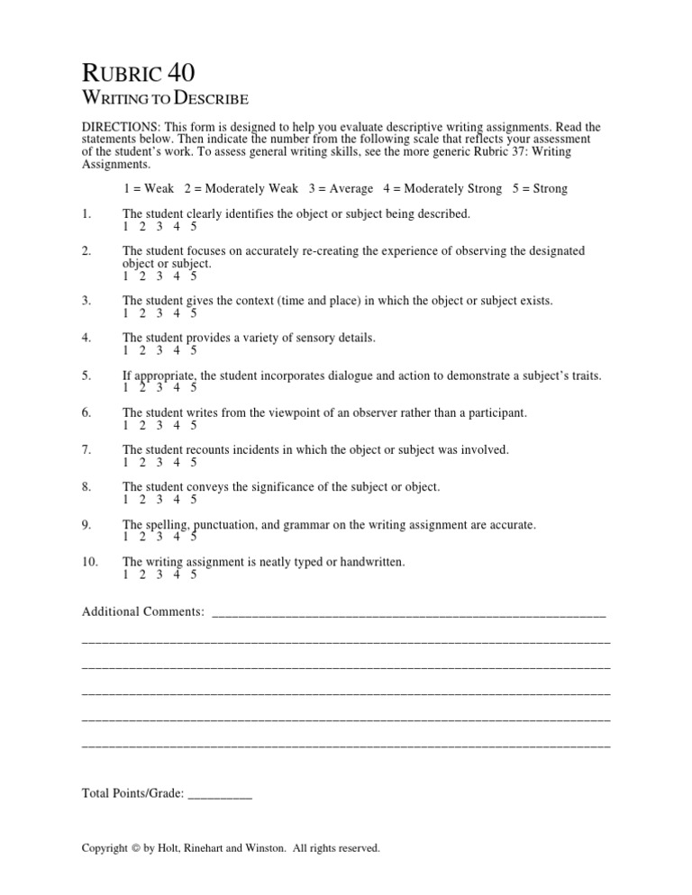 Descriptive Writing Evaluation Rubric | PDF | Career & Growth ...