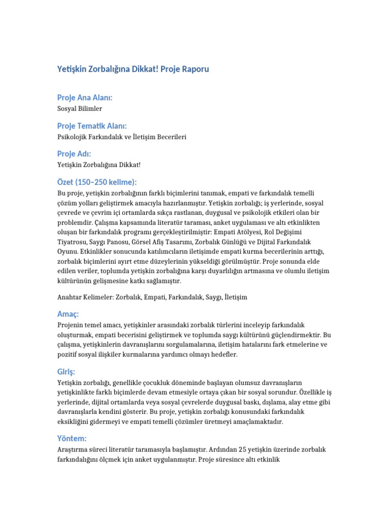 Yetiskin Zorbaligi Proje Raporu | PDF