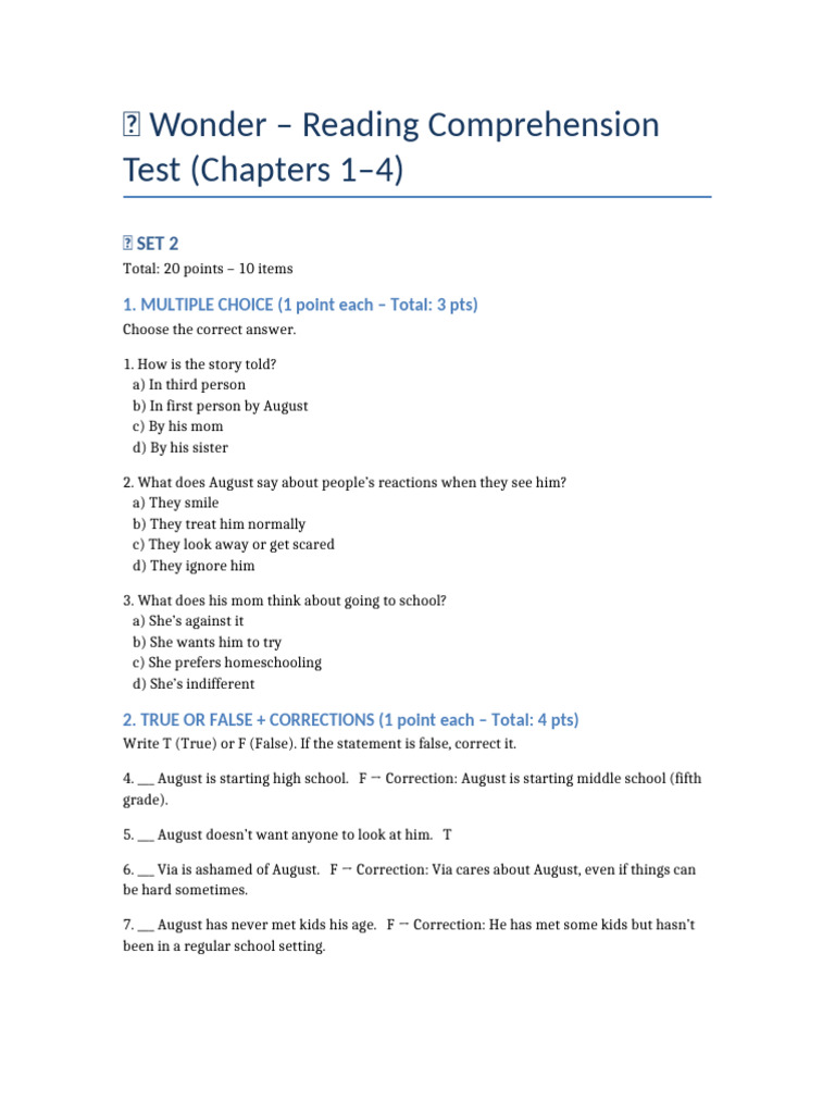 Wonder Reading Comprehension Test 1-4 | PDF