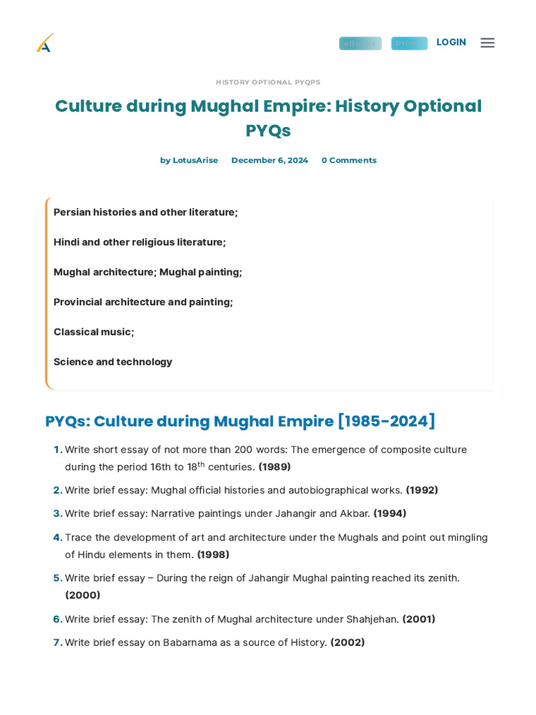 @culture During Mughal Empire - History Optional PYQs - UPSC | PDF ...