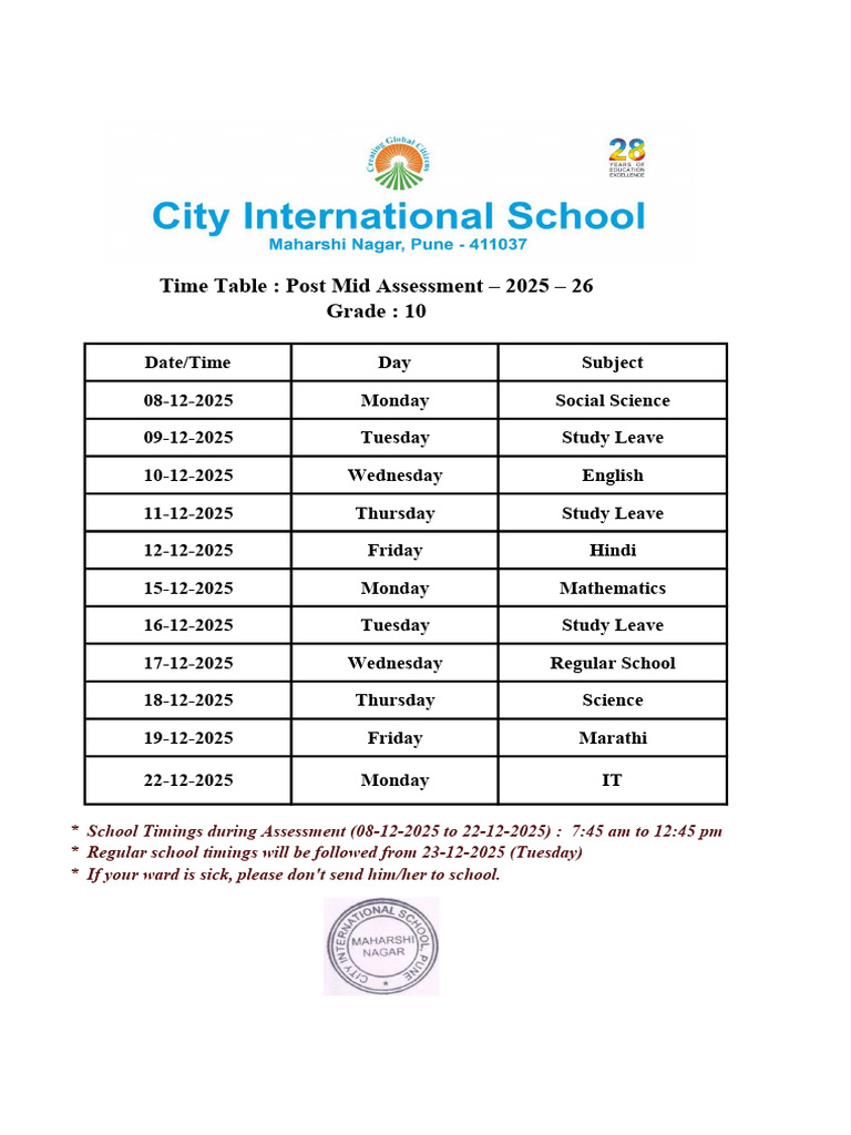 Grade-10 Post Mid Time Table 2025-26 | PDF