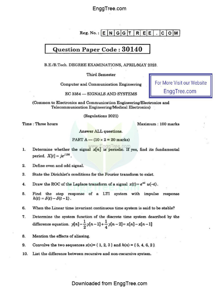 EC3354 Signals and Systems Apr May 2023 Question Paper Download | PDF