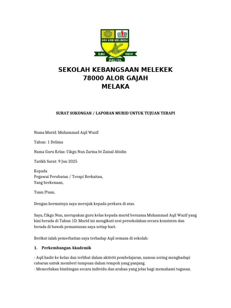 Surat Sokongan Aqil | PDF