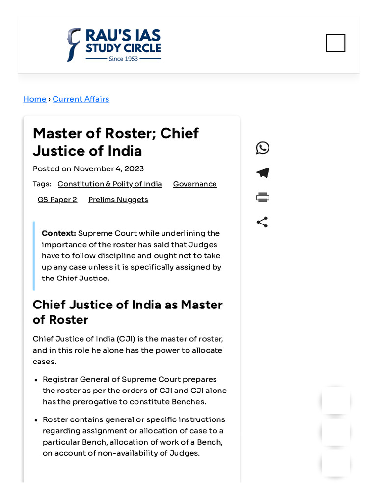 Master of Roster Chief Justice of India - Rau's IAS | PDF | Supreme ...