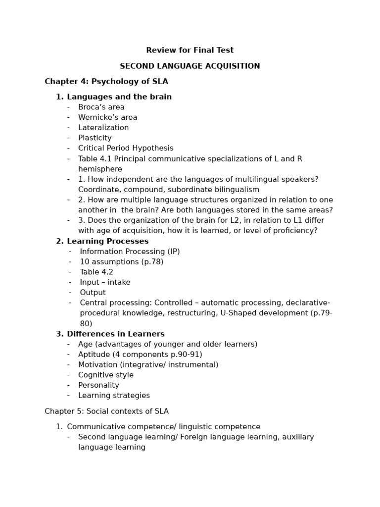 SLA Psychology Review for Final Test | PDF | Second Language ...