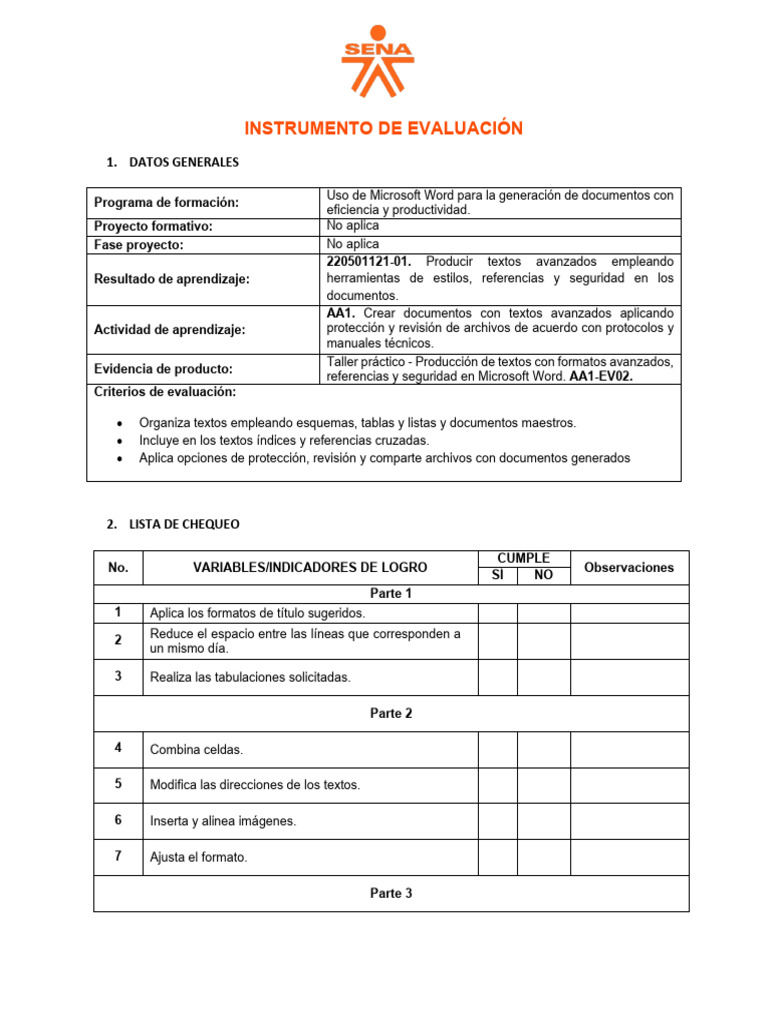 Instrumento Eveluaciones Taller 1 | PDF