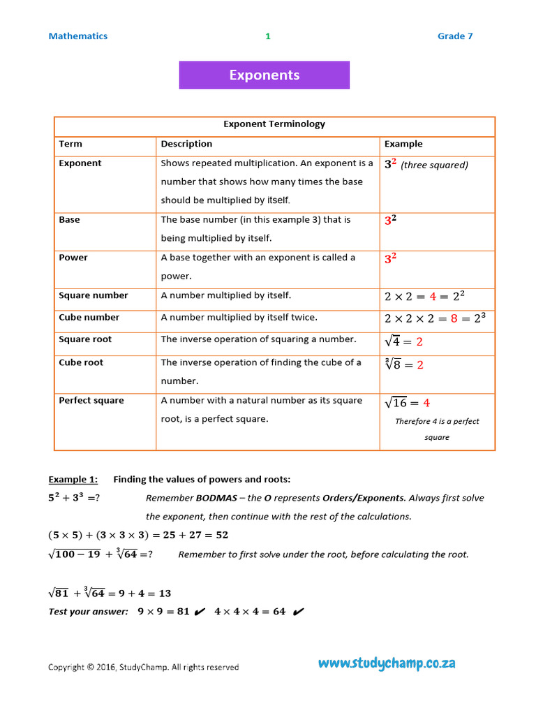 Gr7 Maths Wb Exponents Roots | PDF | Exponentiation | Multiplication