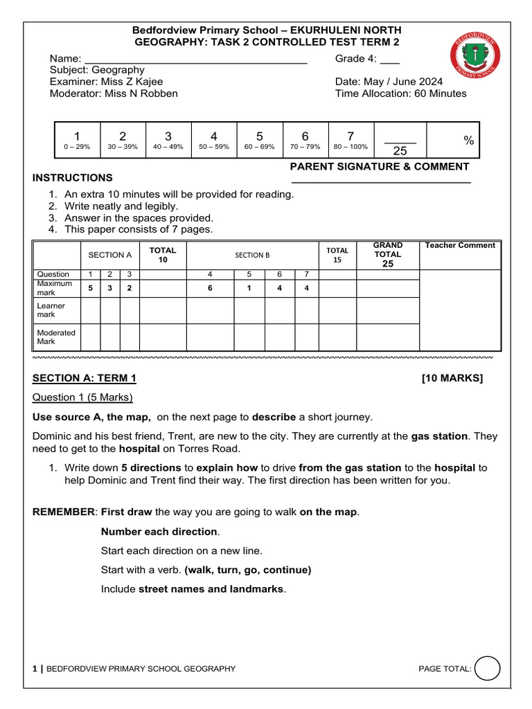 Grade 4 Geography Test - Bedfordview | PDF
