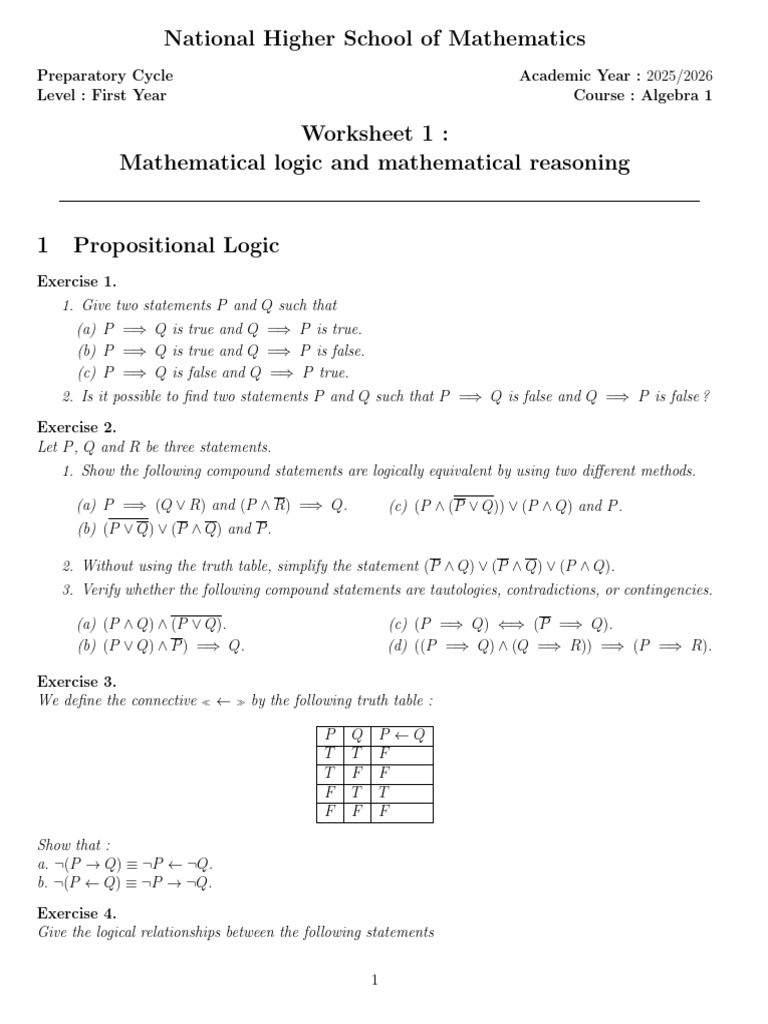Algebra 1: Propositional Logic Exercises | PDF | Arithmetic | Number Theory
