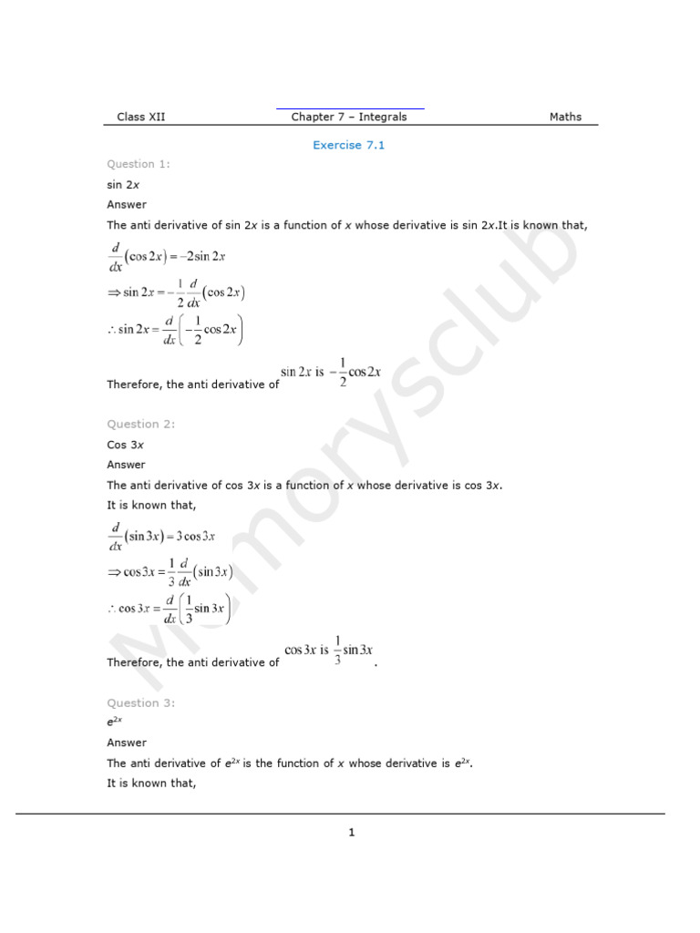 12th Class Maths CH 7 Integrals Ex 7.1 | PDF | Mathematical Analysis