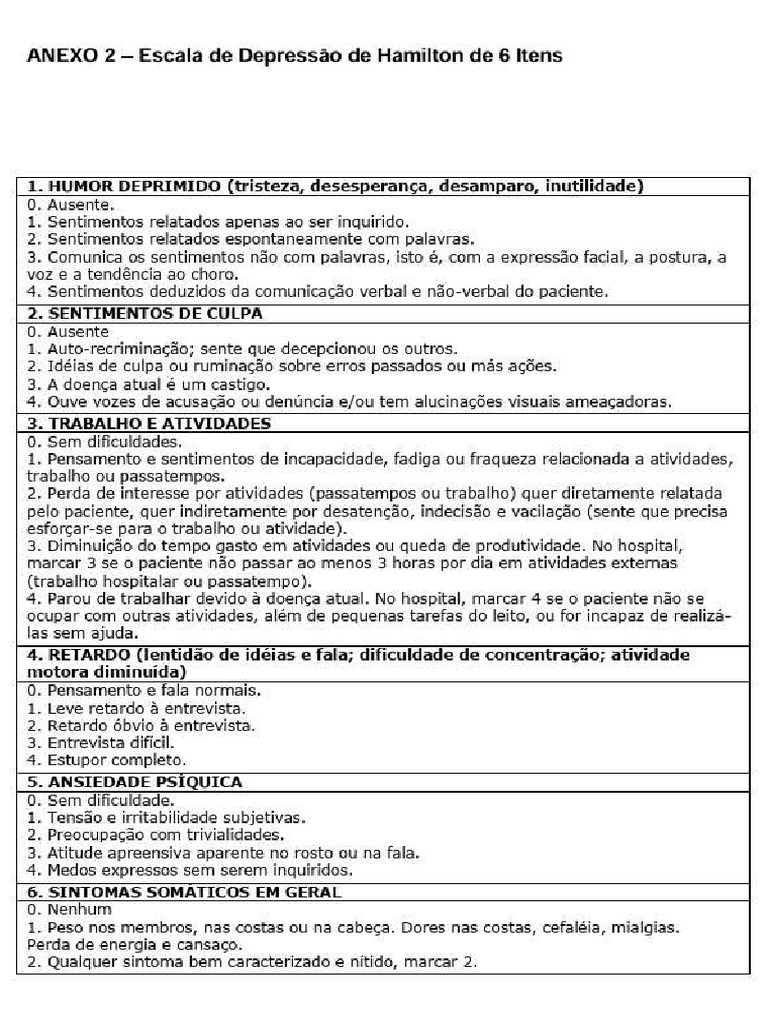 Escala Depressão Hamilton - Versão Reduzida | PDF