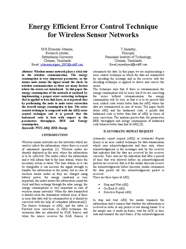 Energy Efficient Error Control Technique For Wireless Sensor Networks | PDF | Error Detection ...