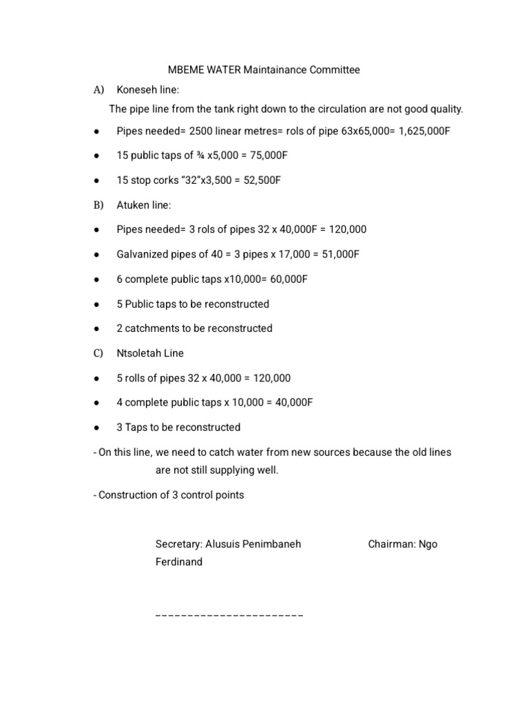 Mbeme Water Maintenance Committee Plan | PDF